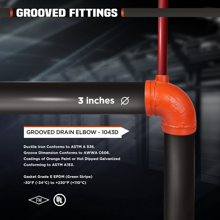 Highcraft 3" Grooved 90F Elbow With Drain Ductile Iron, Joins Pips In Wet And Dry Systems, Full ...